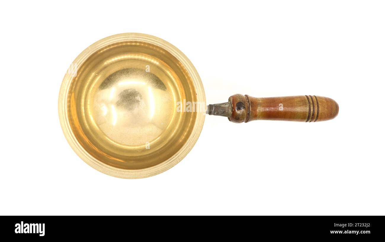 top view of a vintage golden brass diya oil lamp or vilakku with handle ...