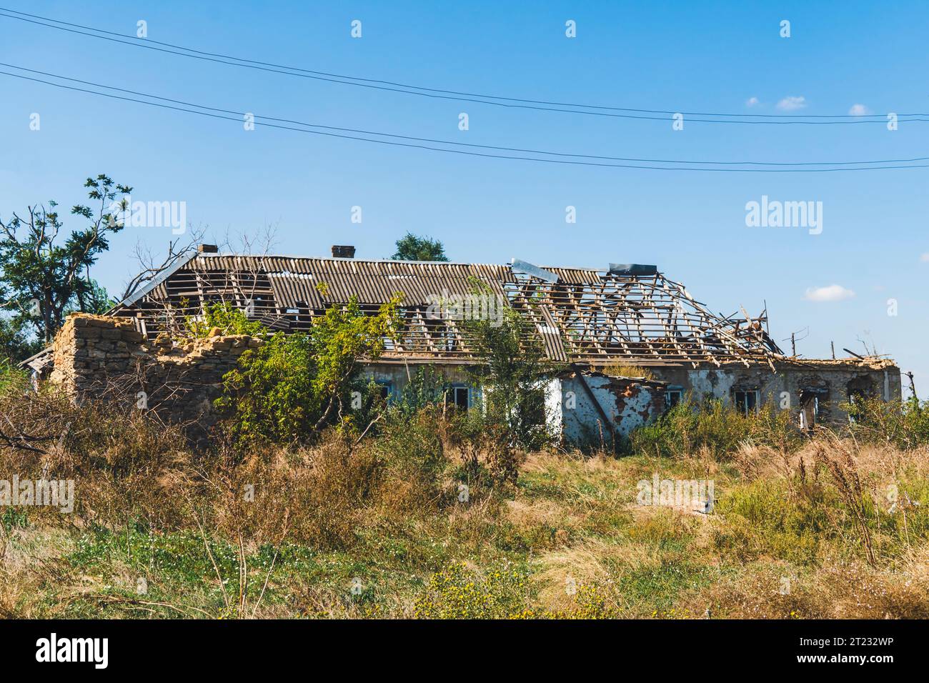 Countryside. House destroyed by shelling. War in Ukraine. Russian ...