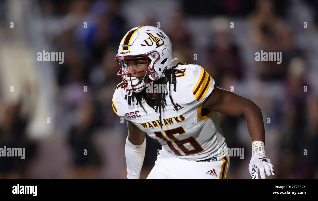 Louisiana Monroe safety AJ Watts (16) competes against Texas State ...