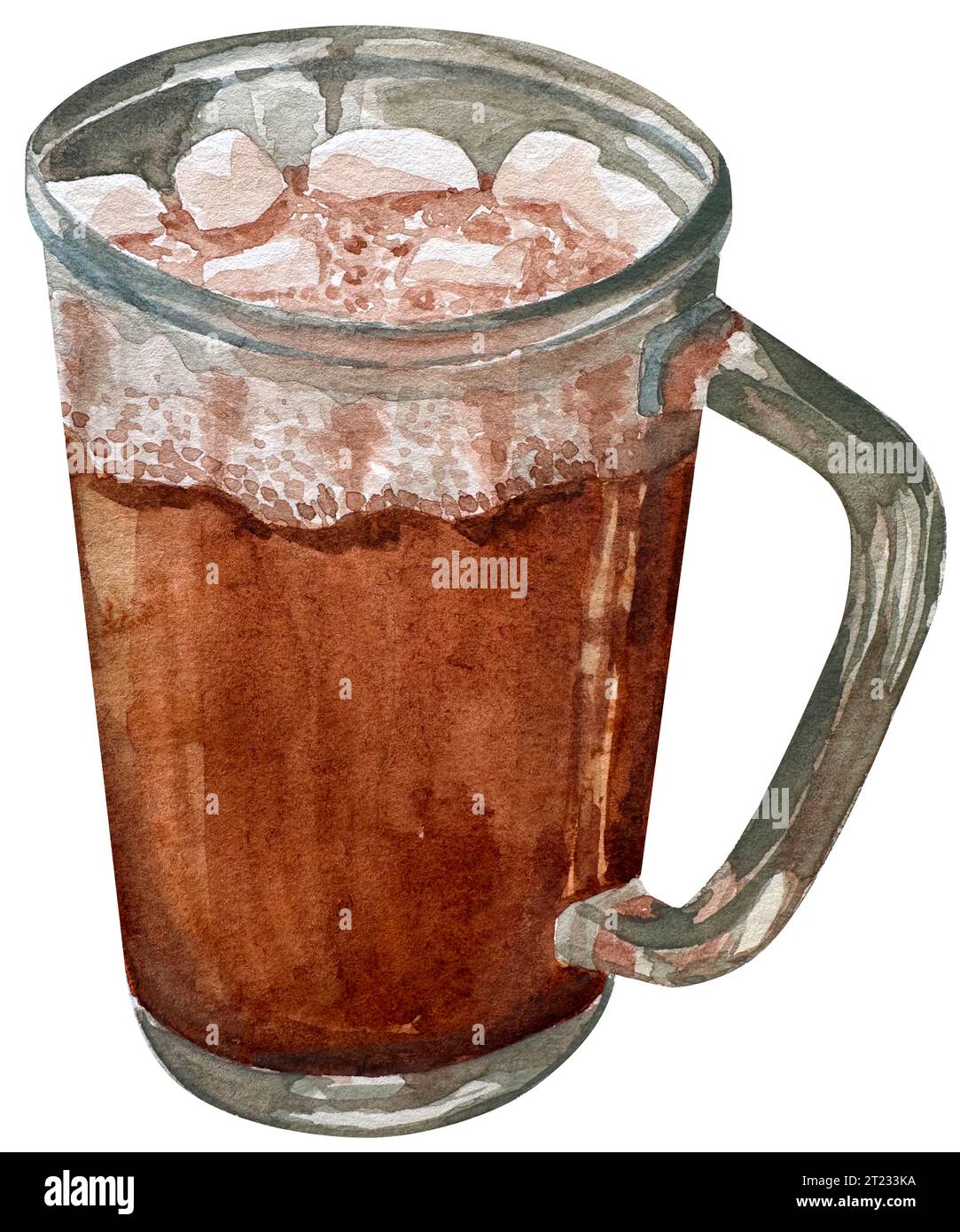 Watercolor illustration of hot chocolate with marshmallow in mug. Hand ...