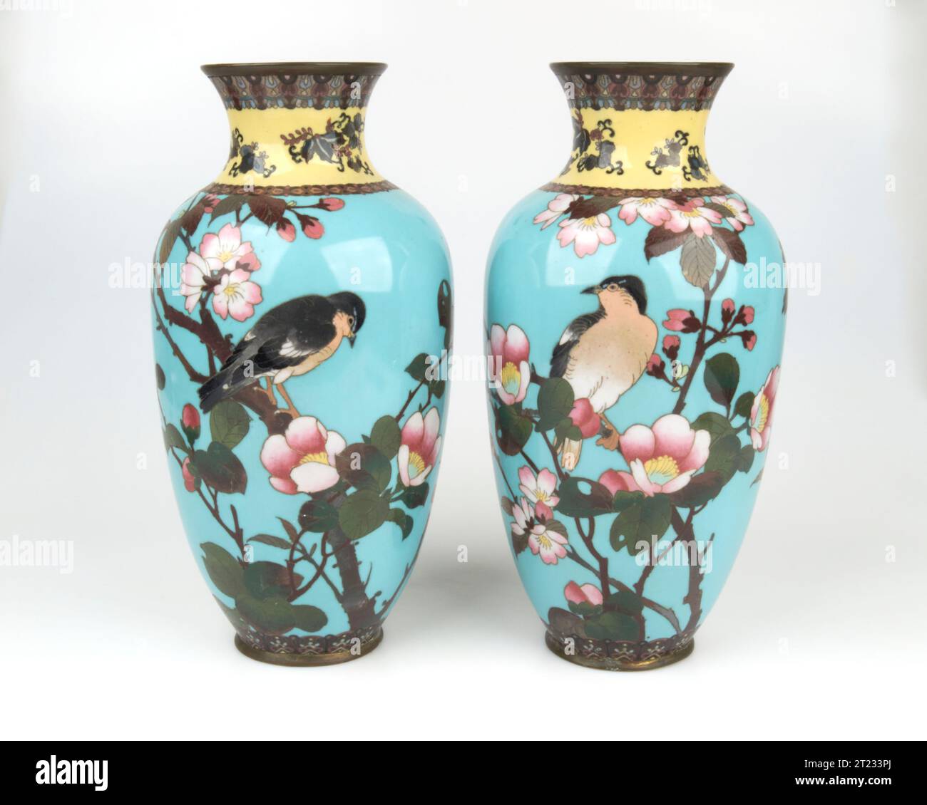 Pair of antique 19th century Japanese blue ground cloisonne bird vases ...