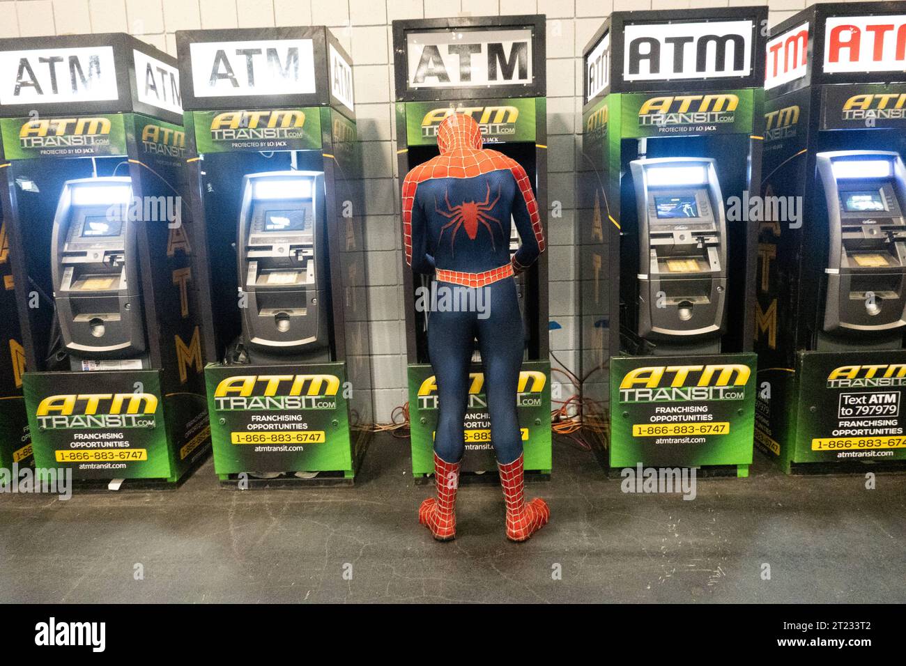 New York, New York, USA. 14th Oct, 2023. A fan in Spider-Man cosplay at ...