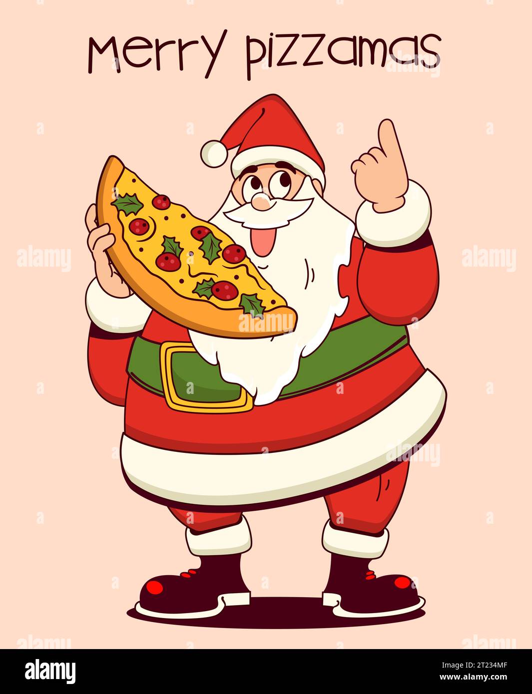 Santa Claus Christmas cartoon character holding a slice of tasty pizza ...