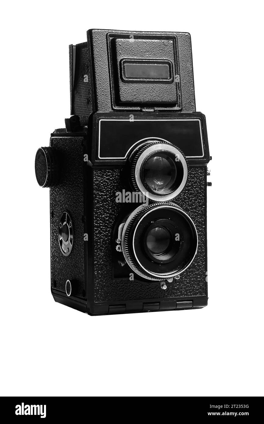 Vintage two-lens medium format film camera on a white background Stock ...