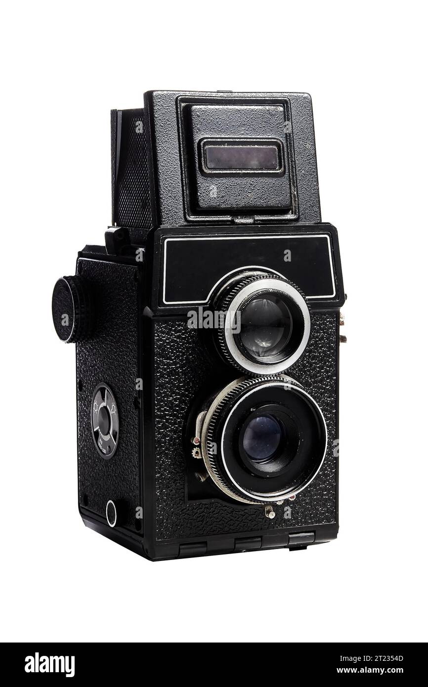 Vintage two-lens medium format film camera on a white background Stock ...