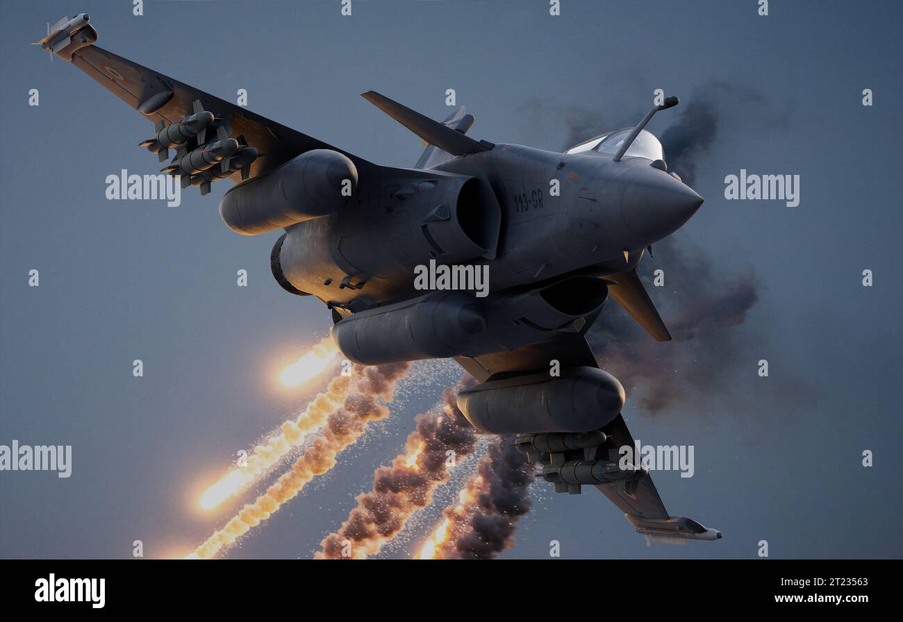 Modern multirole aircraft during a defensive manoeuvre in flight Stock ...