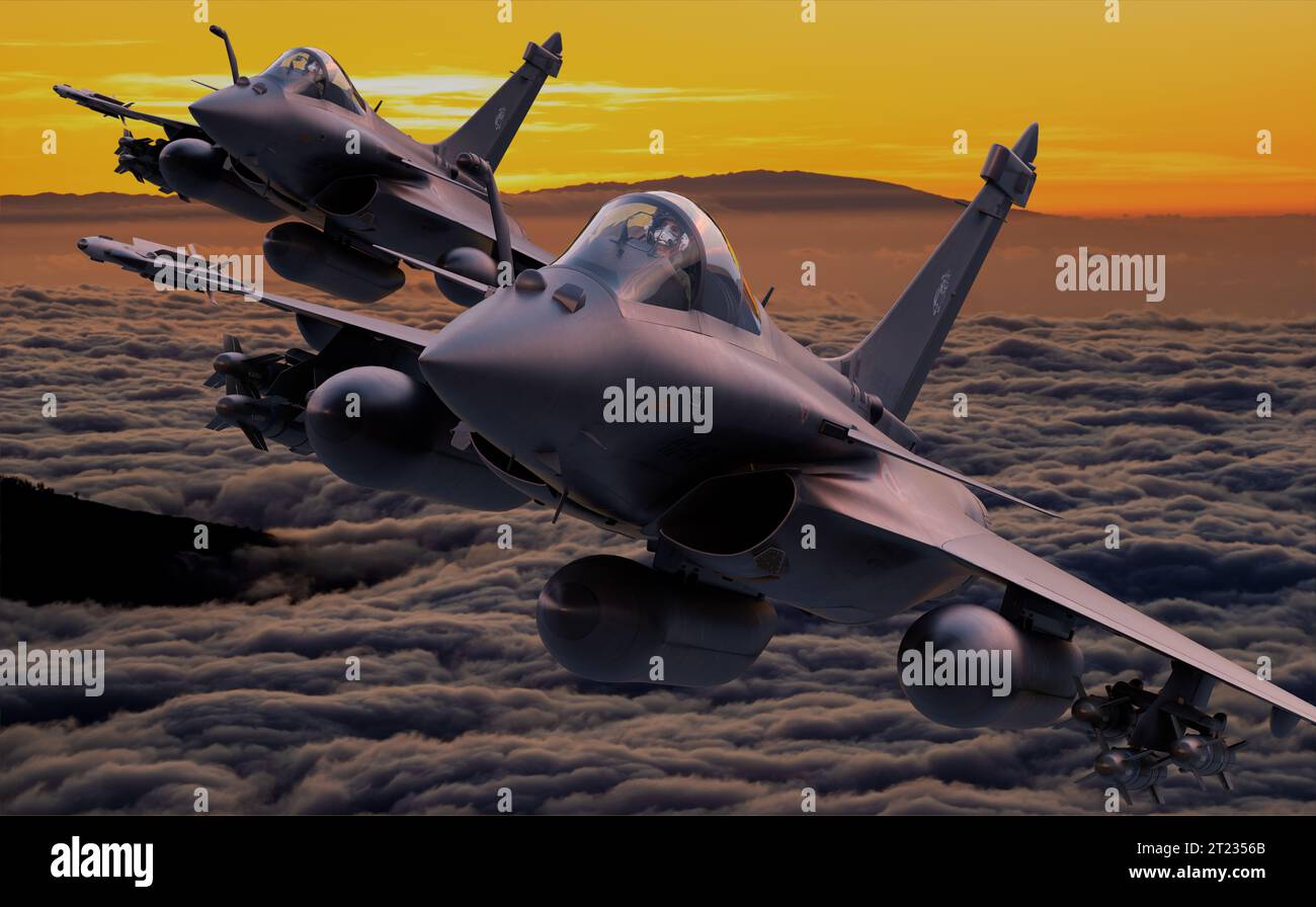 Modern multirole aircraft during a defensive manoeuvre in flight of a ...