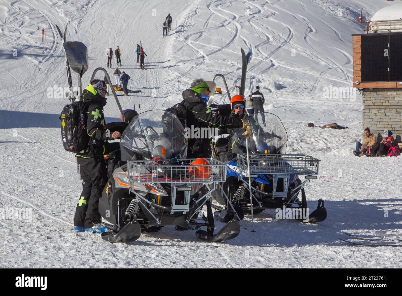 A ski-patrol in Tignes, France, with their sophisticated snowmobiles ...