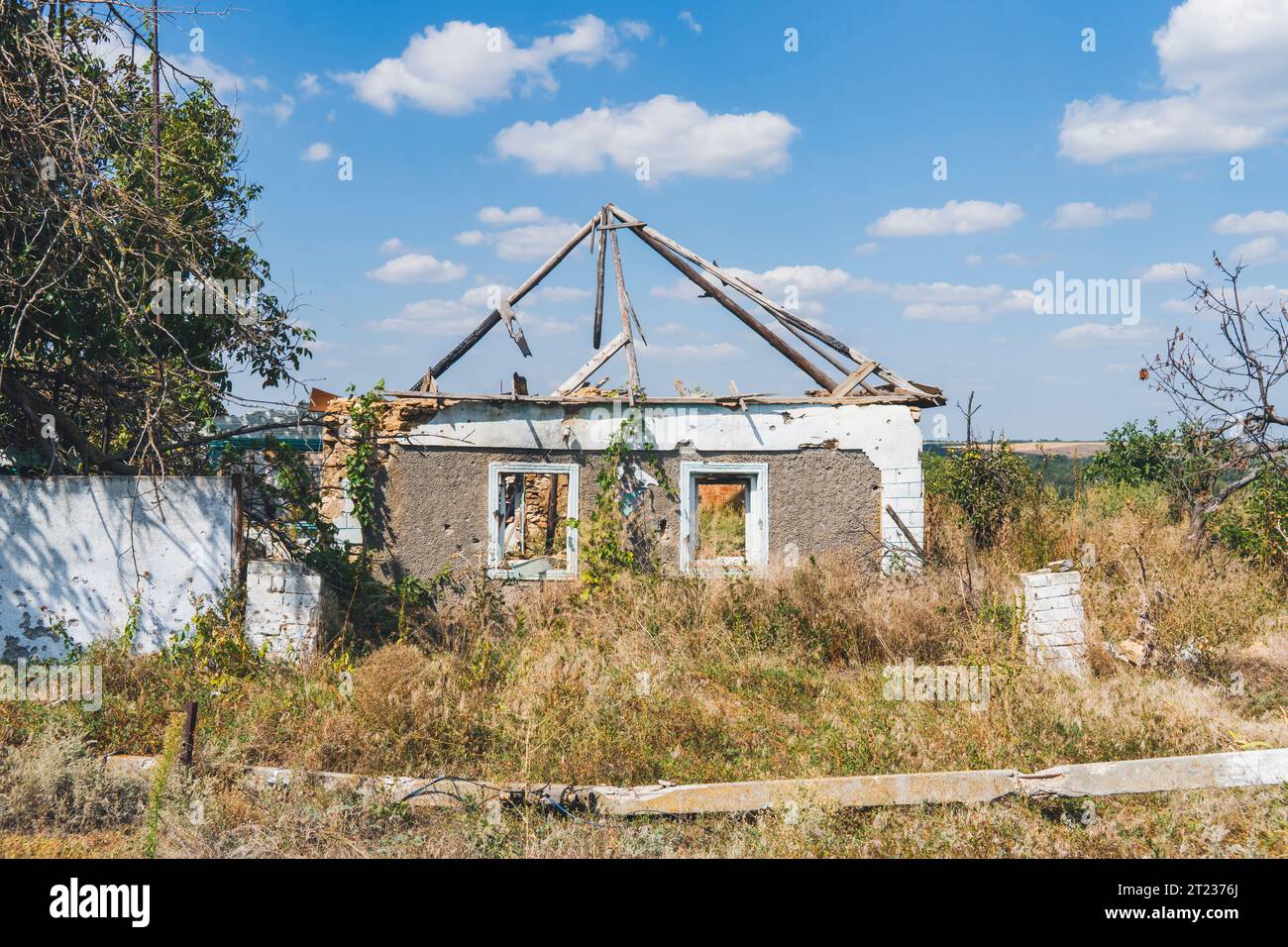 Countryside. House destroyed by shelling. War in Ukraine. Russian ...