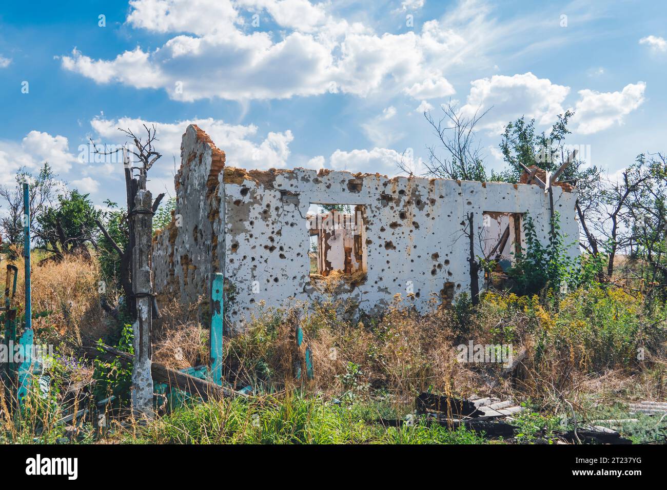 Countryside. House destroyed by shelling. War in Ukraine. Russian ...