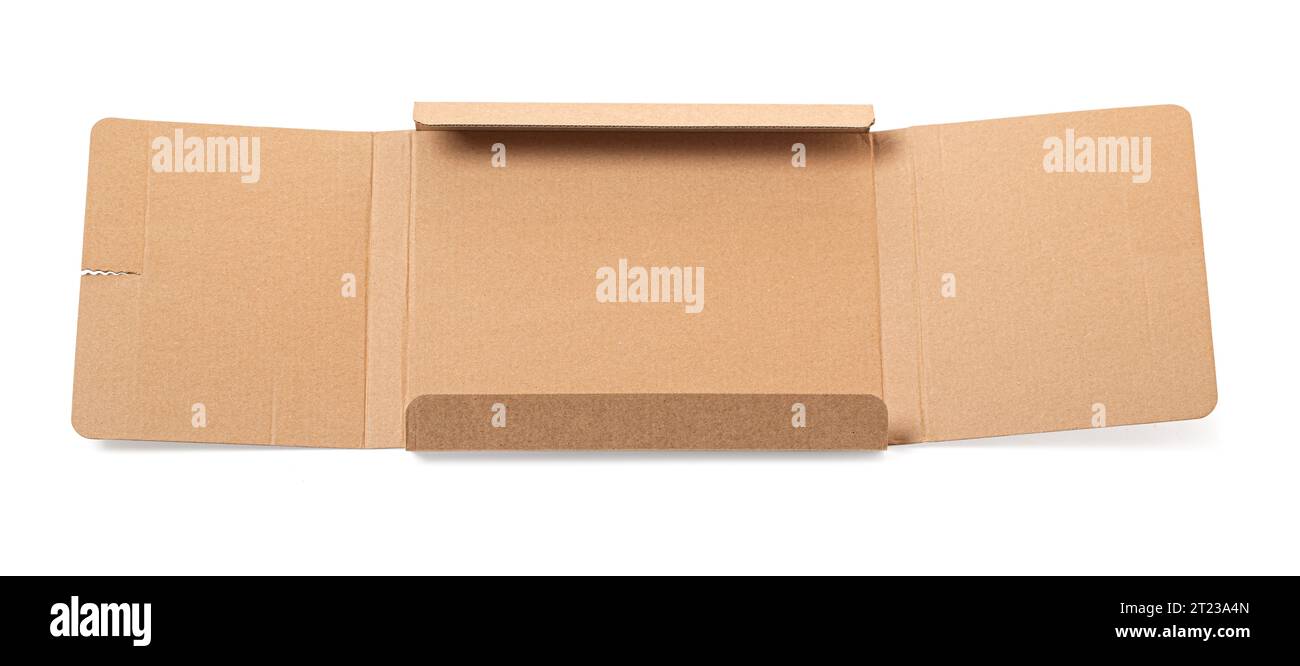 close-up of one box open empty isolated on white background, brown ...