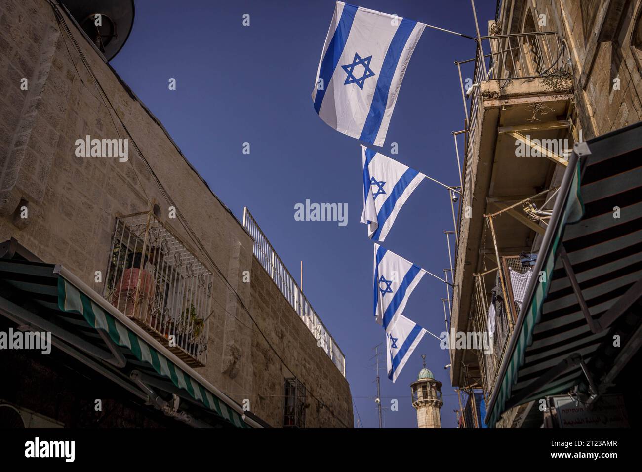 The Israel flags are on the streets of Jerusalem old city with the ...