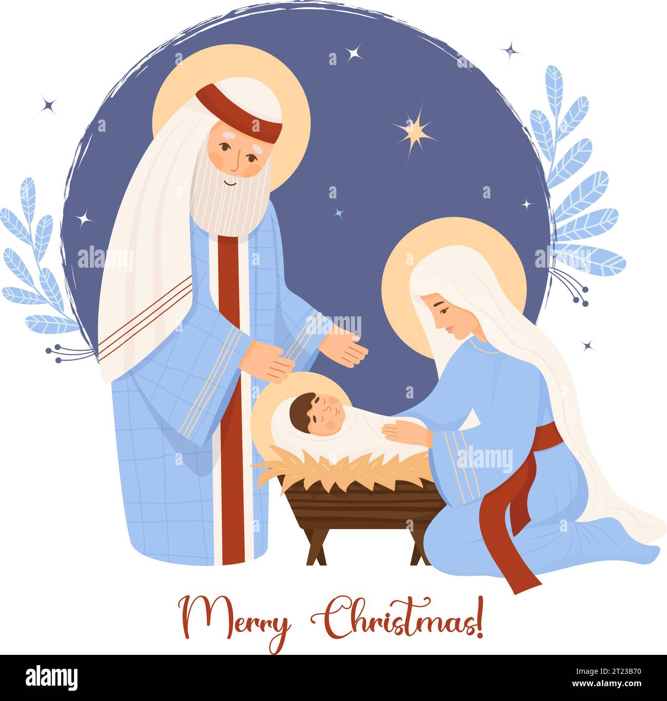 Merry Christmas postcard. Holy Family. Virgin Mary, Saint Joseph and baby Jesus in manger. Birth ...