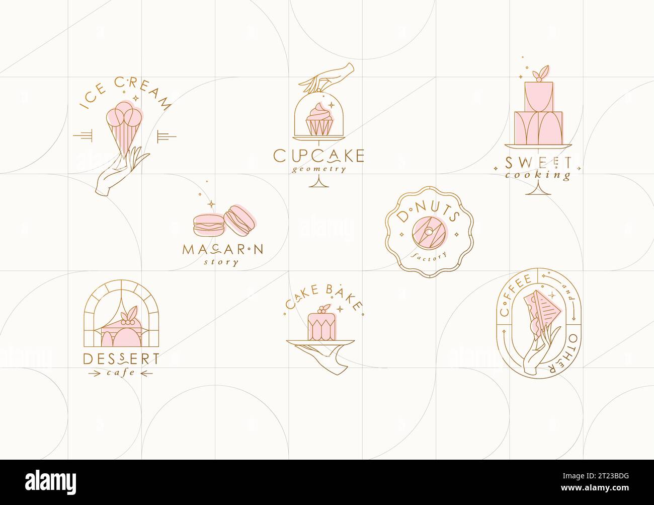 Bakery dessert labels with lettering in art deco style drawing on beige ...