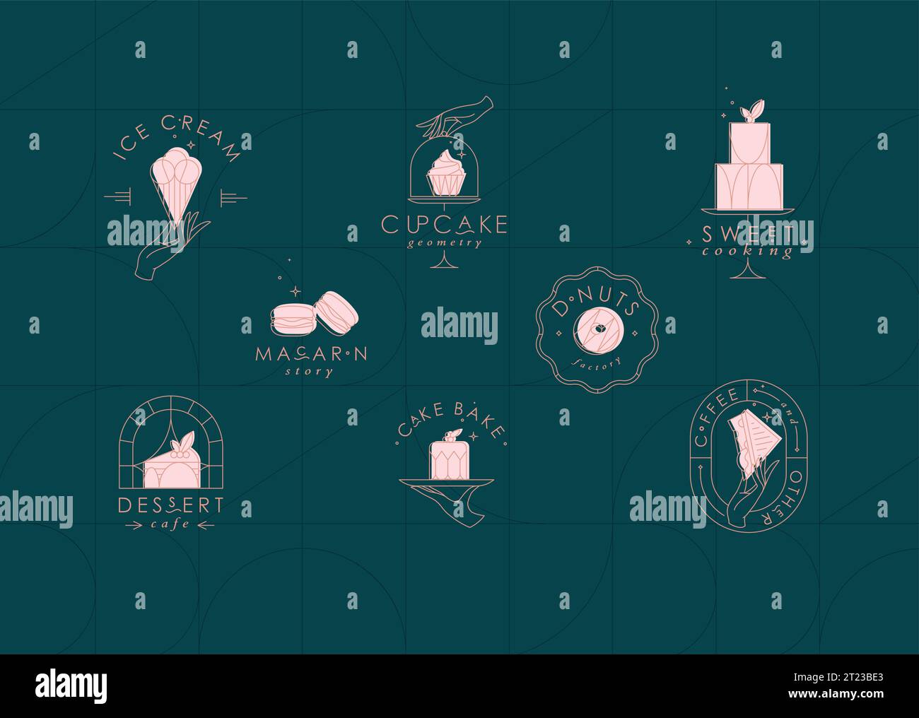 Bakery dessert labels with lettering in art deco style drawing on dark ...