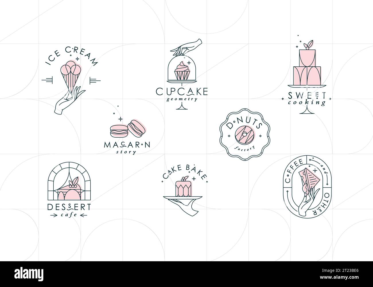 Bakery dessert labels with lettering in art deco style drawing on white ...