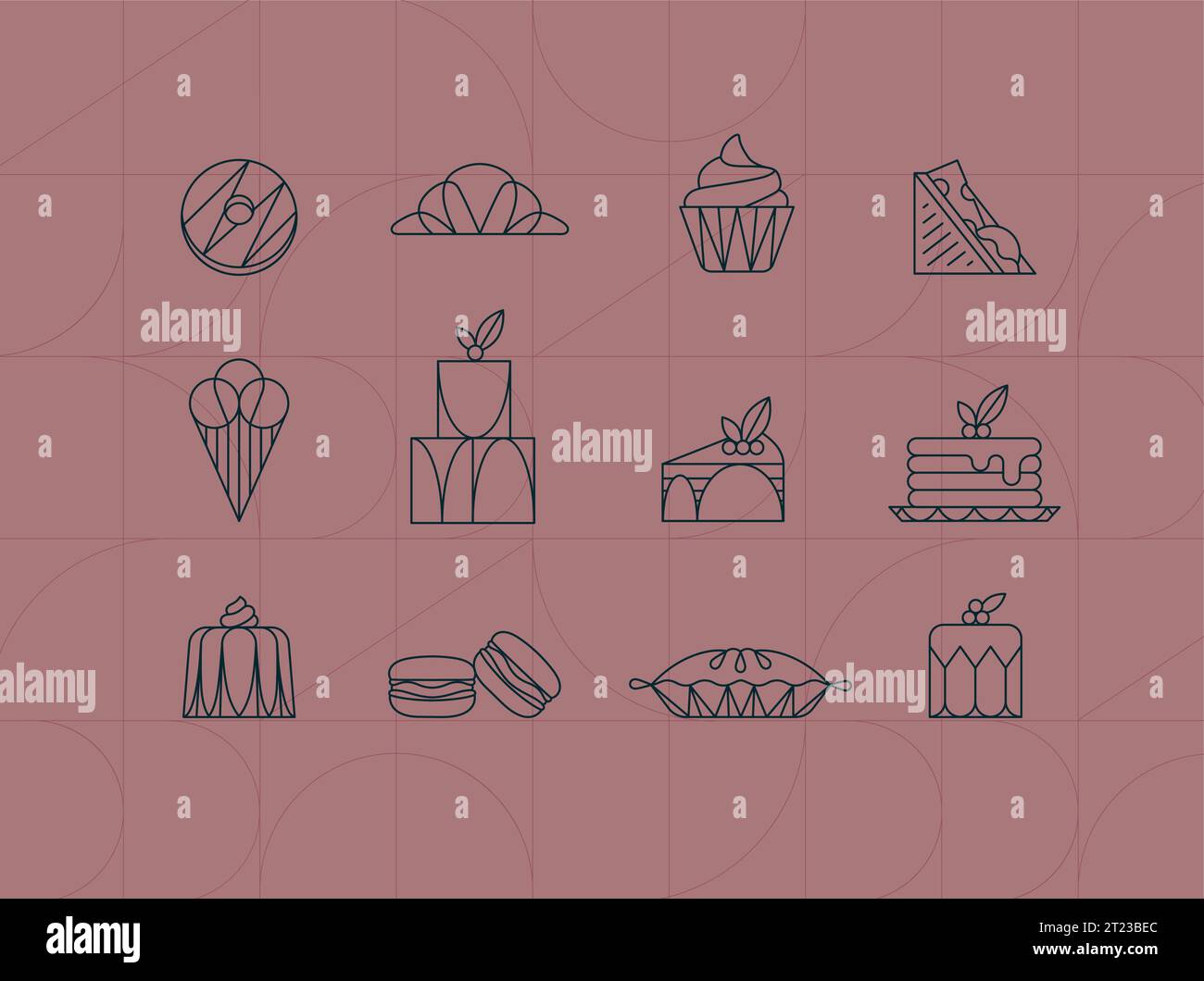 Dessert icons in art deco style donut, croissant, cupcake, sandwich ...