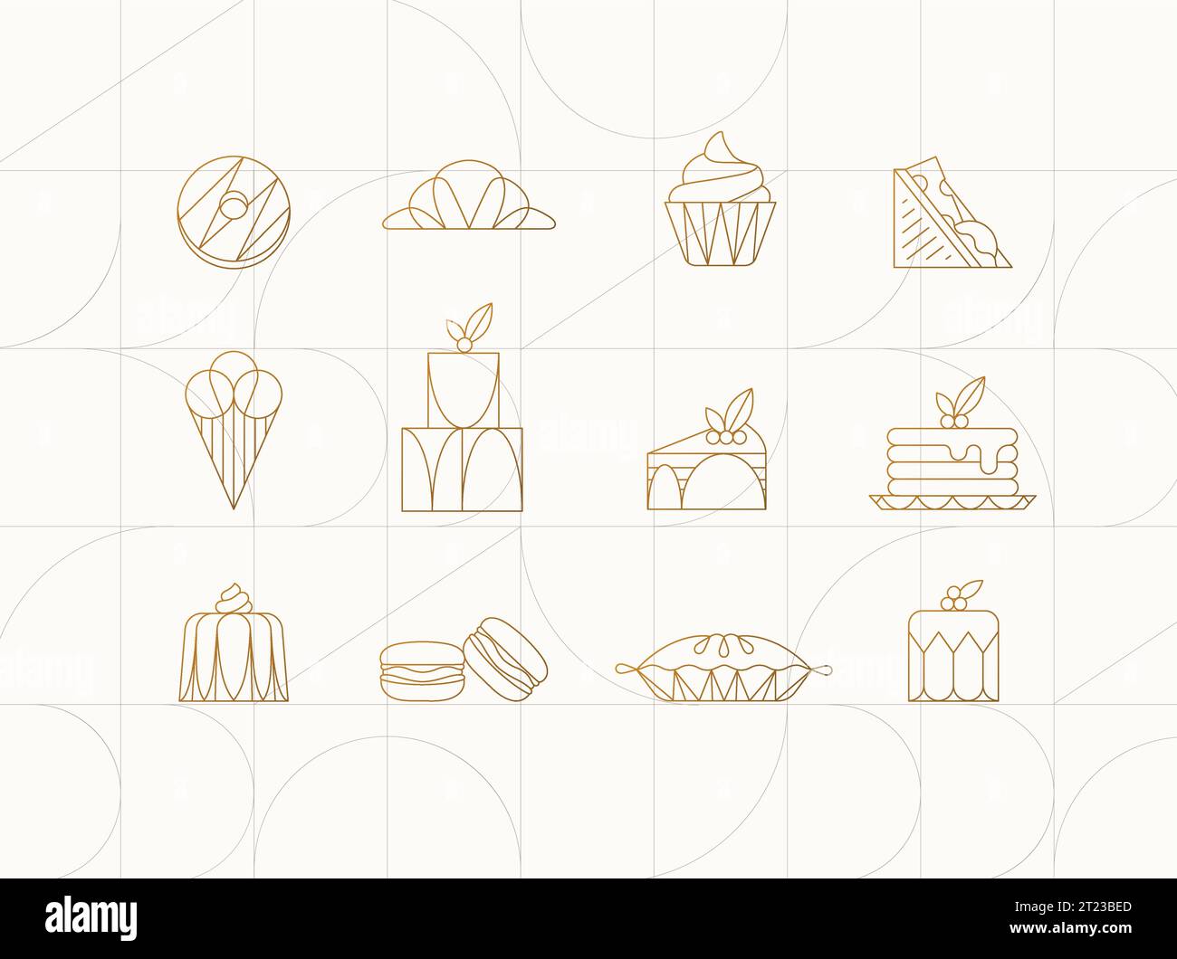 Dessert icons in art deco style donut, croissant, cupcake, sandwich ...
