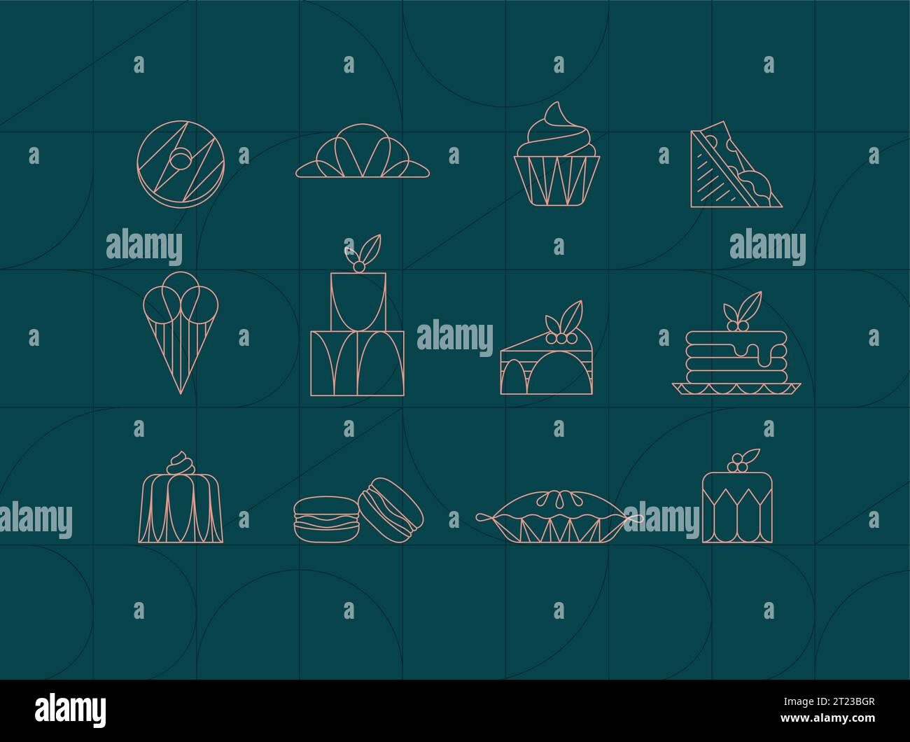 Dessert icons in art deco style donut, croissant, cupcake, sandwich ...