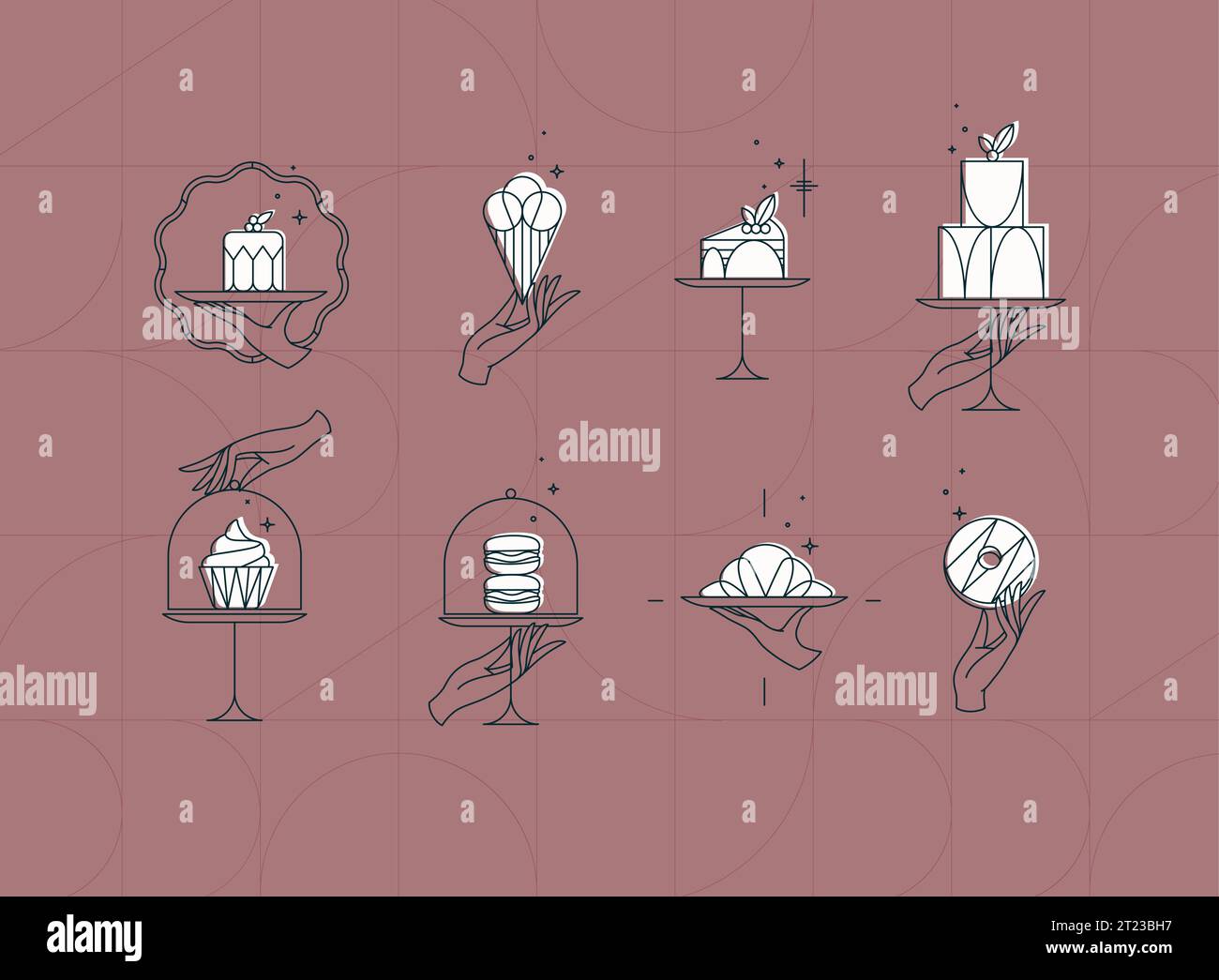 Desserts on cake stand in art deco style labels drawing on coral ...