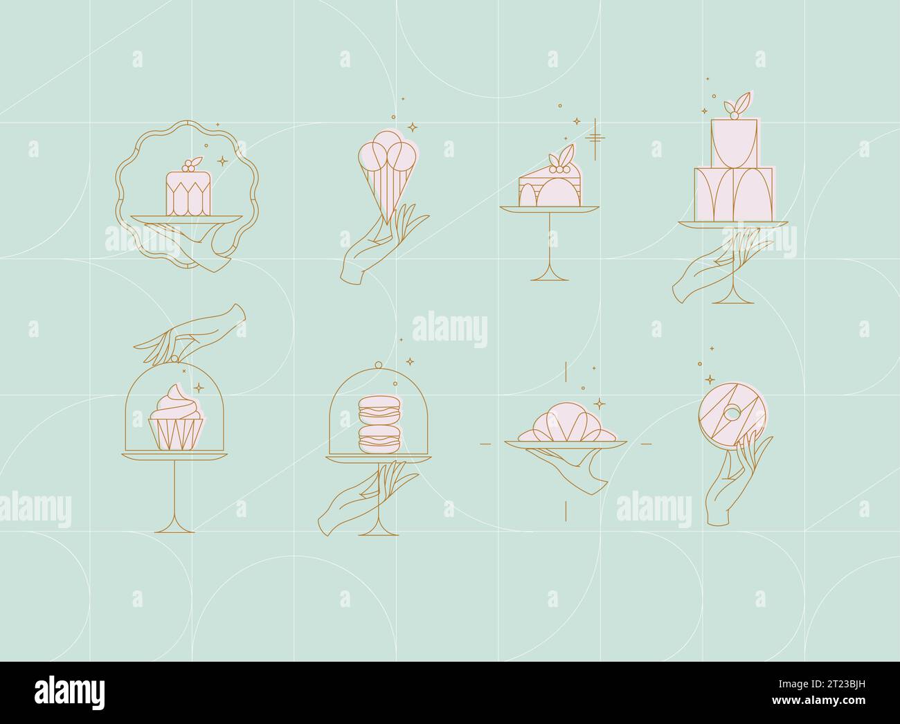 Desserts on cake stand in art deco style labels drawing on turquoise ...