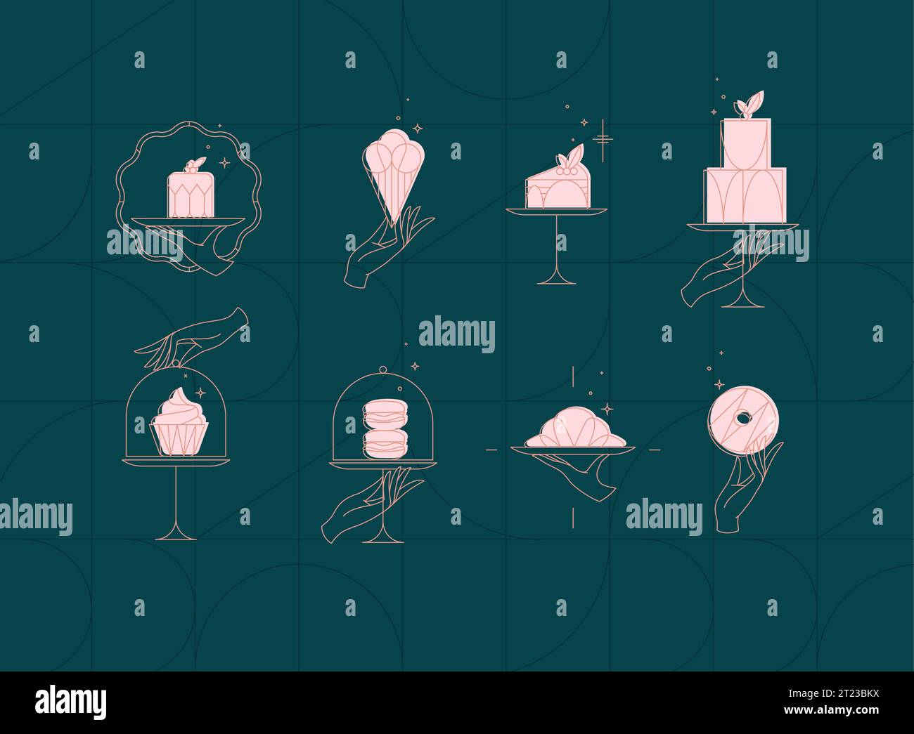 Desserts on cake stand in art deco style labels drawing on dark ...