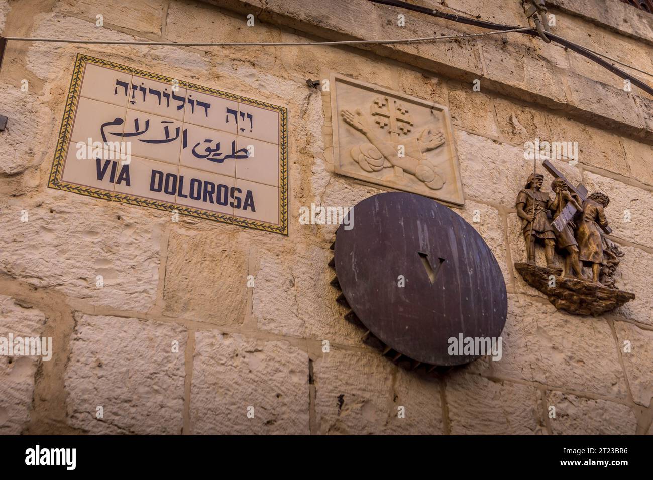 The plate saying "Via Dolorosa" ("Way of Suffering") written in Latin ...