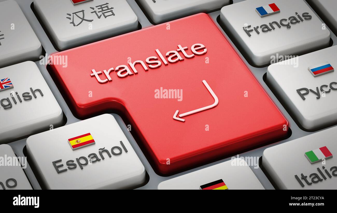 Translate word on enter key in a keyboard with country flags. 3D ...