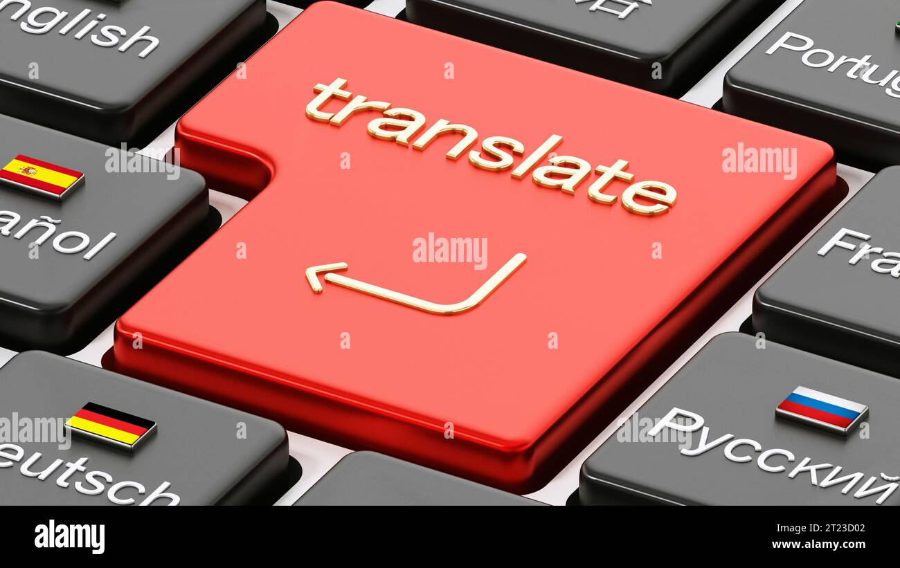 Translate word on enter key in a keyboard with country flags. 3D ...