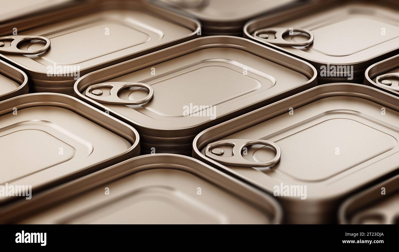 Stack of aligned fish cans. 3D illustration Stock Photo - Alamy