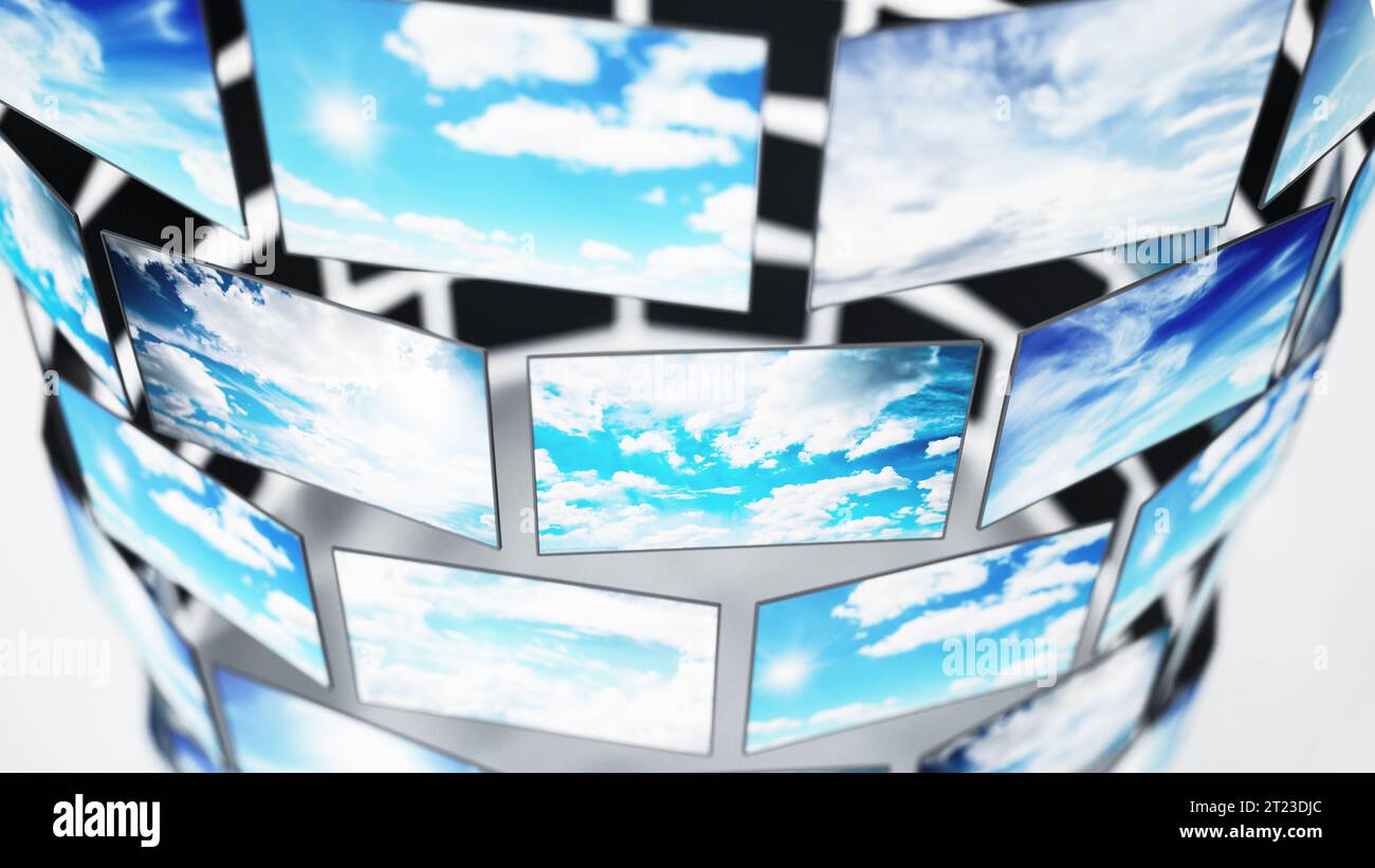 Wall of modern TV screens arranged in circular shape. 3D illustration ...