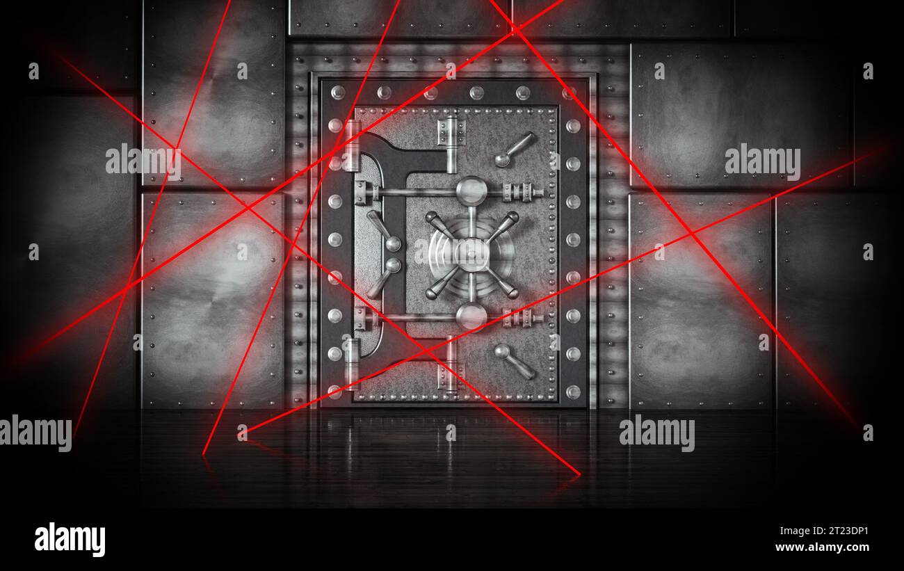 Red laser beams on bank vault door under heavy protection. 3D ...