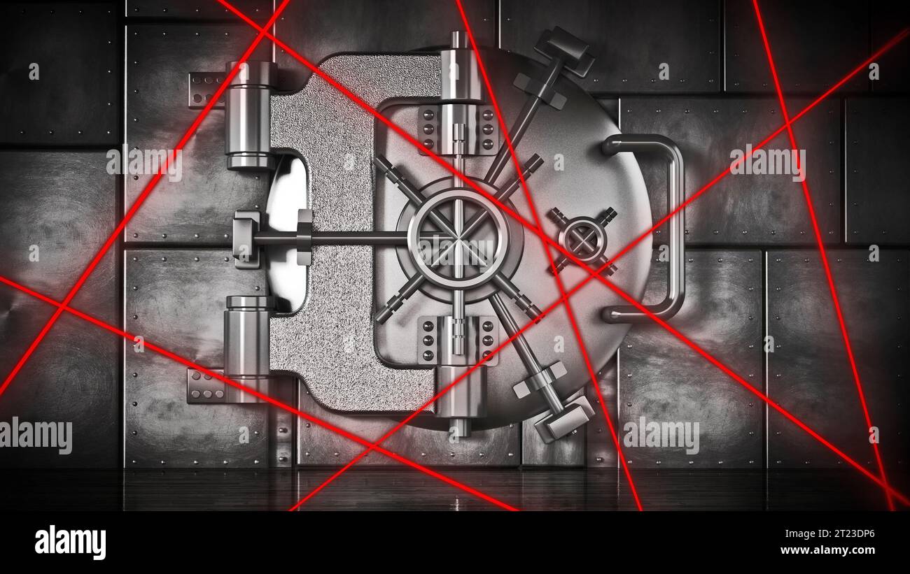 Red laser beams on bank vault door under heavy protection. 3D ...