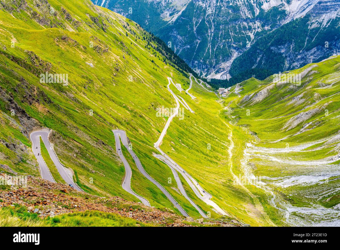 Stelvio pass serpentines. Asphalt road high in the Italian Alps, Italy ...