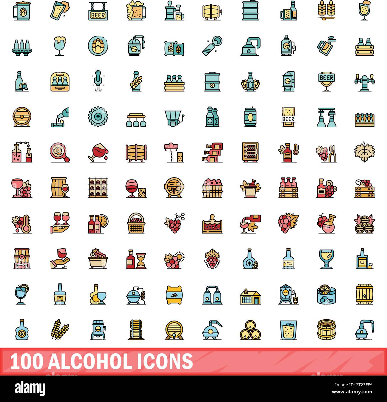 100 alcohol icons set. Color line set of alcohol vector icons thin line ...