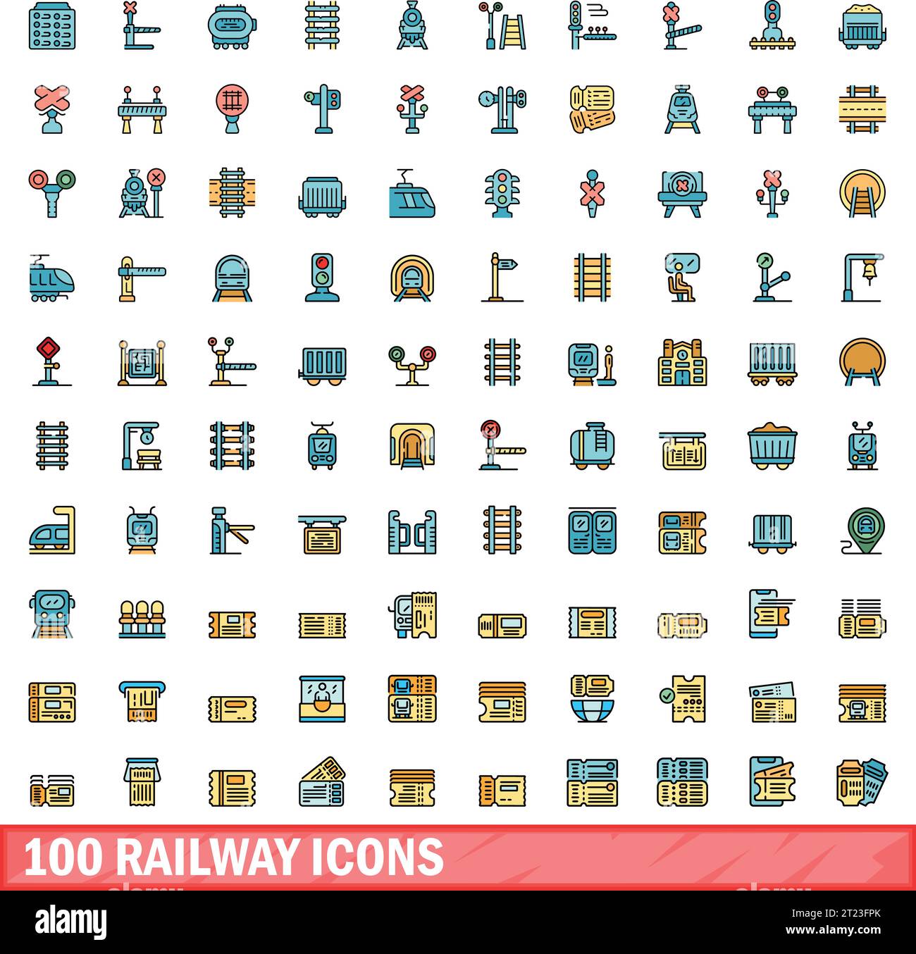 100 railway icons set. Color line set of railway vector icons thin line ...