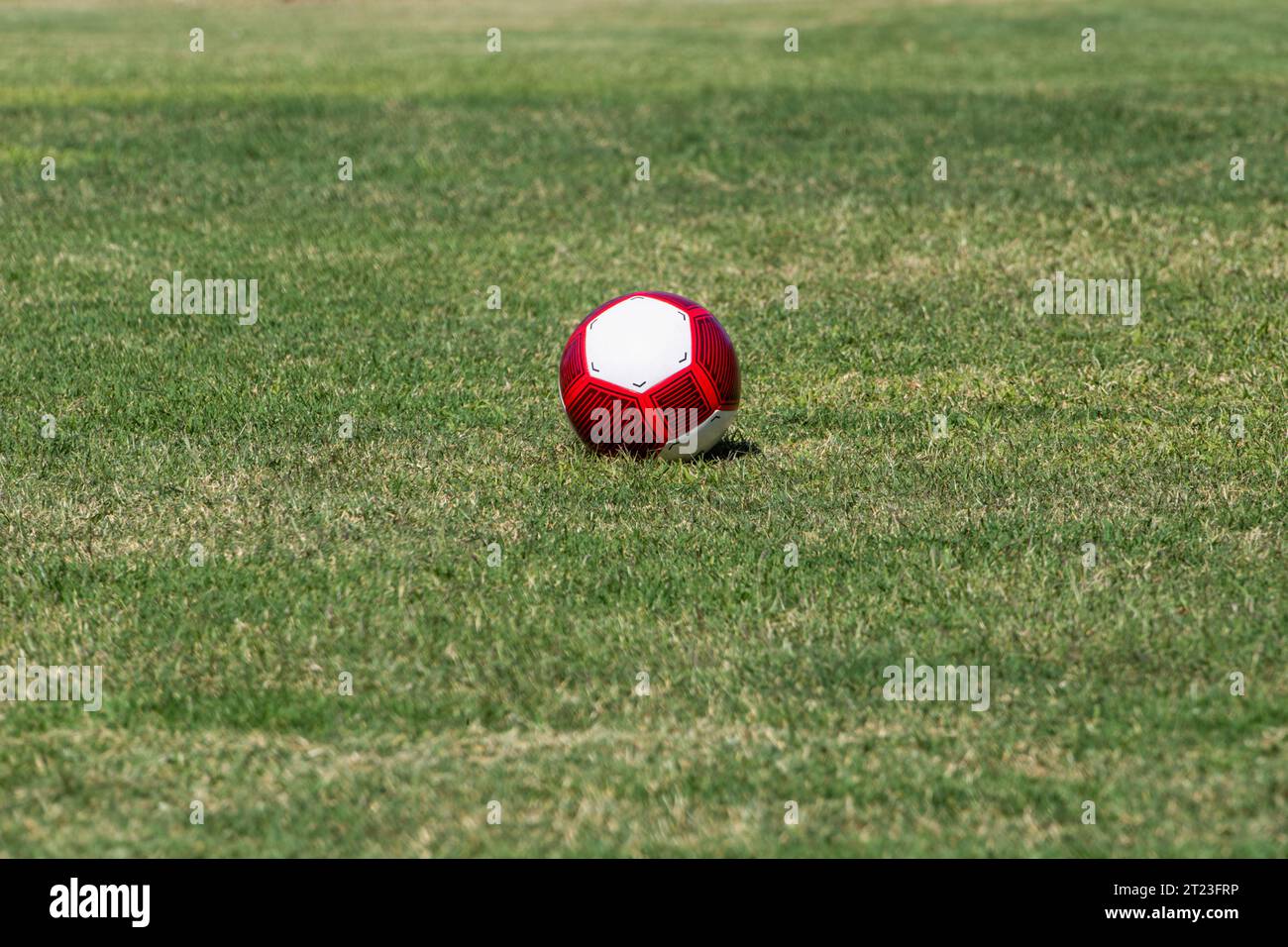 football, soccer field with the ball in the middle ready to start the ...