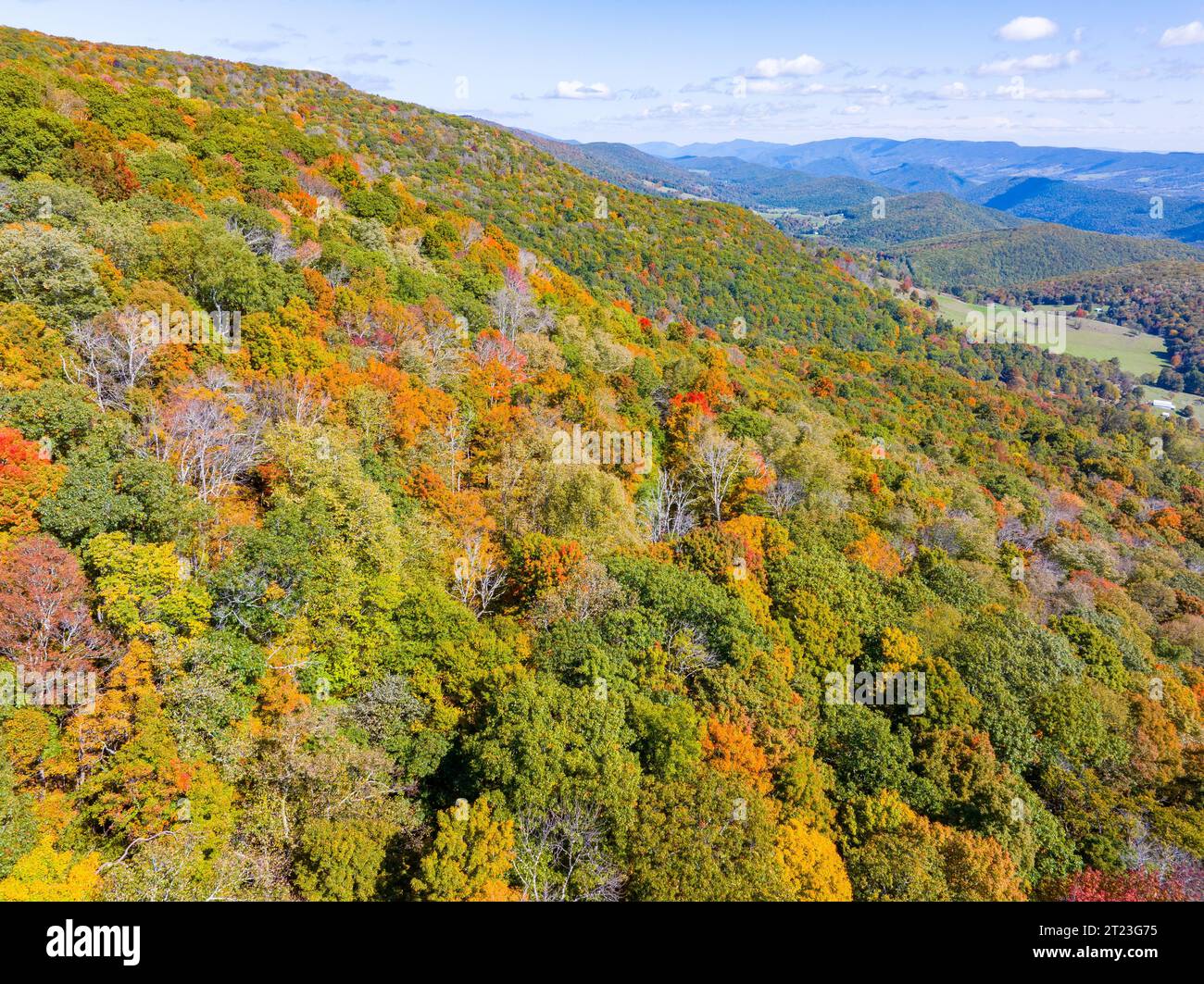 An aerial view of Spruce Knob, West Virginia with lush fall foliage ...