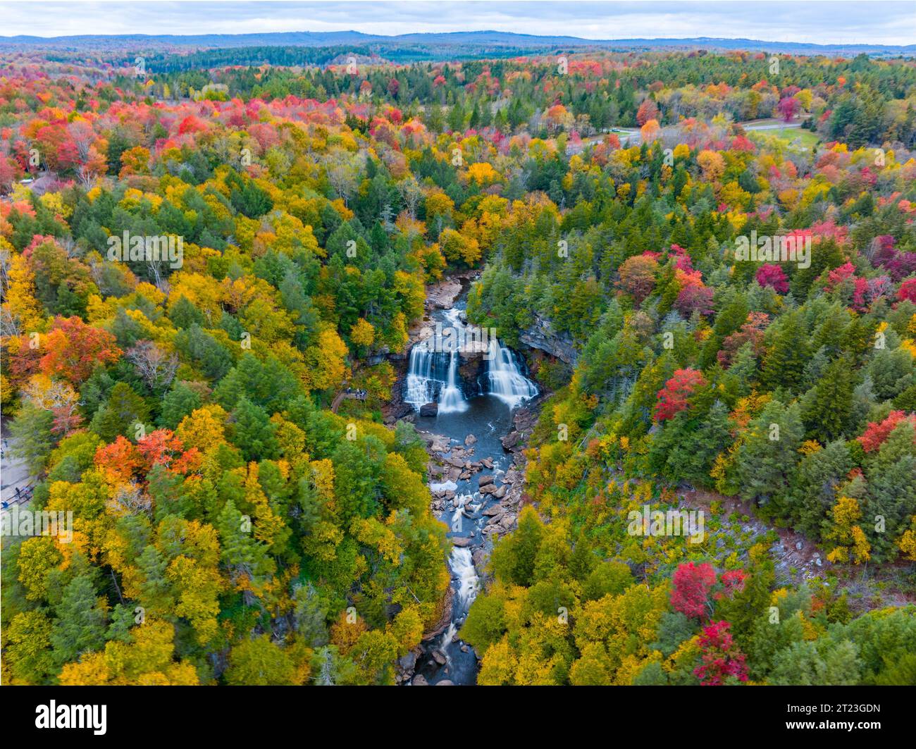 An aerial view of the scenic Blackwater Falls in West Virginia ...