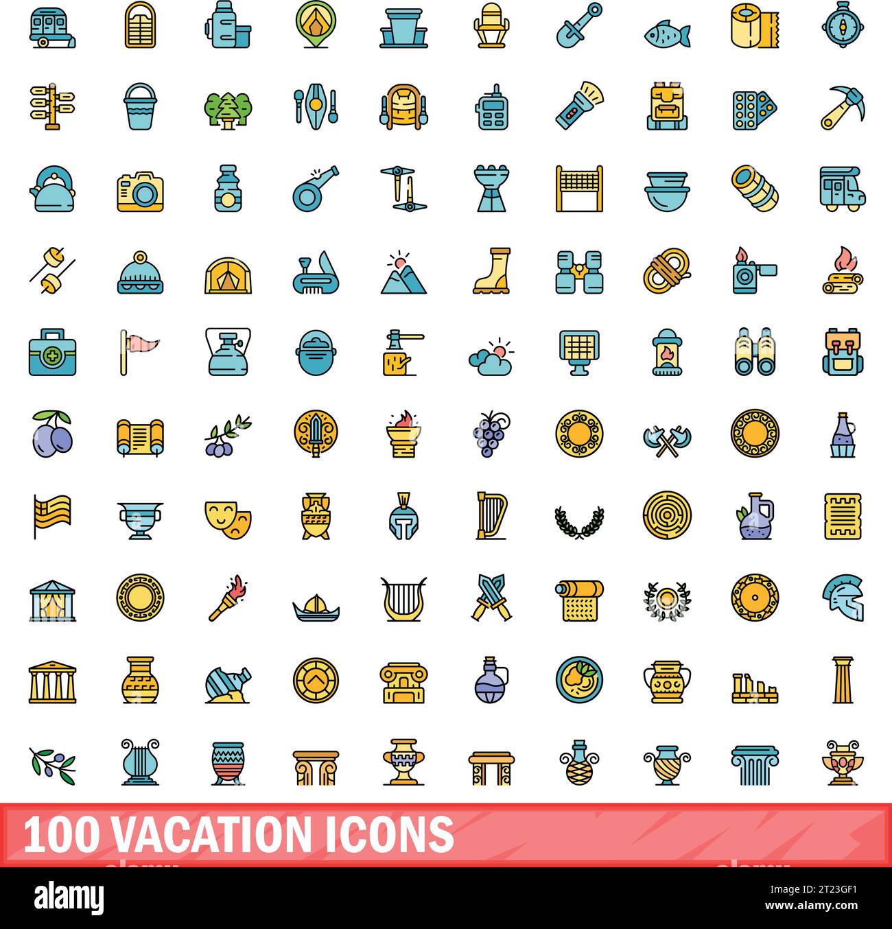 100 vacation icons set. Color line set of vacation vector icons thin ...