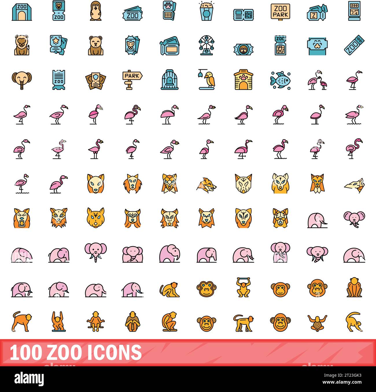 100 zoo icons set. Color line set of zoo vector icons thin line color ...