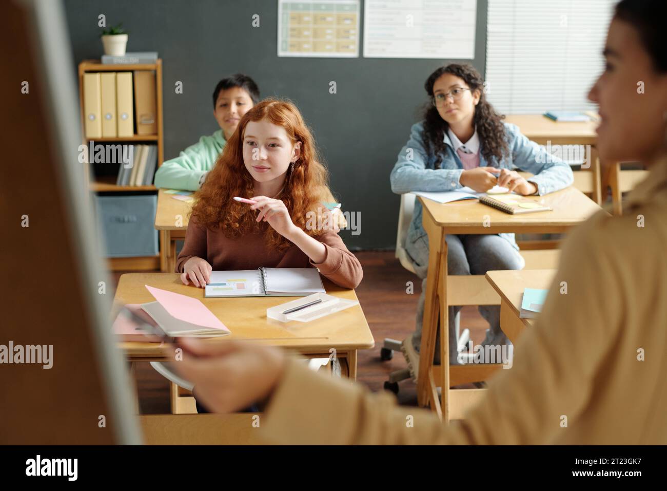 Cute clever schoolgirl pointing at whiteboard at lesson of English ...