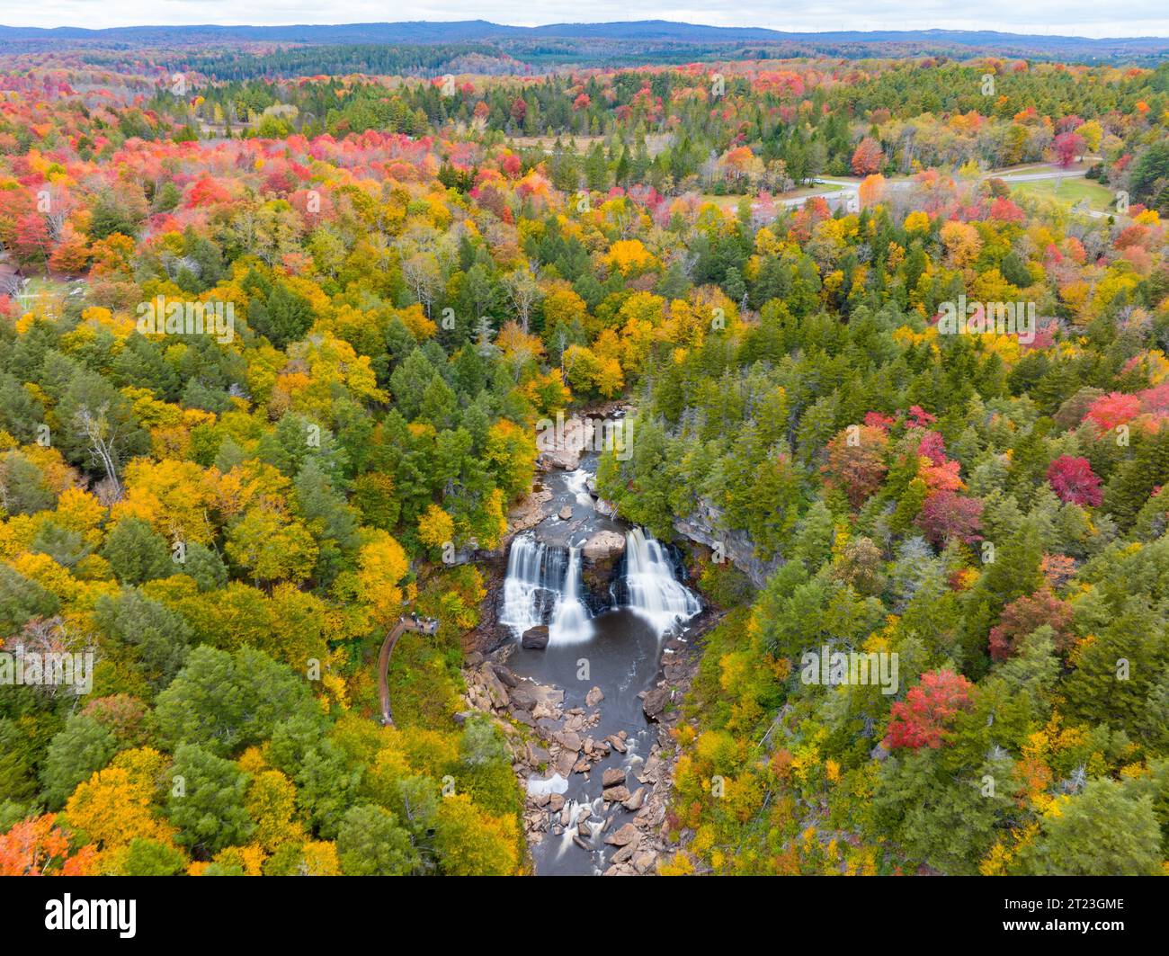 An aerial view of the scenic Blackwater Falls in West Virginia ...