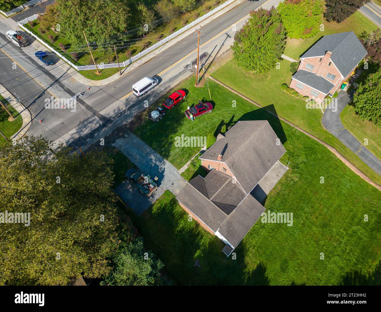 Aerial drone view of residential construction site in suburban ...