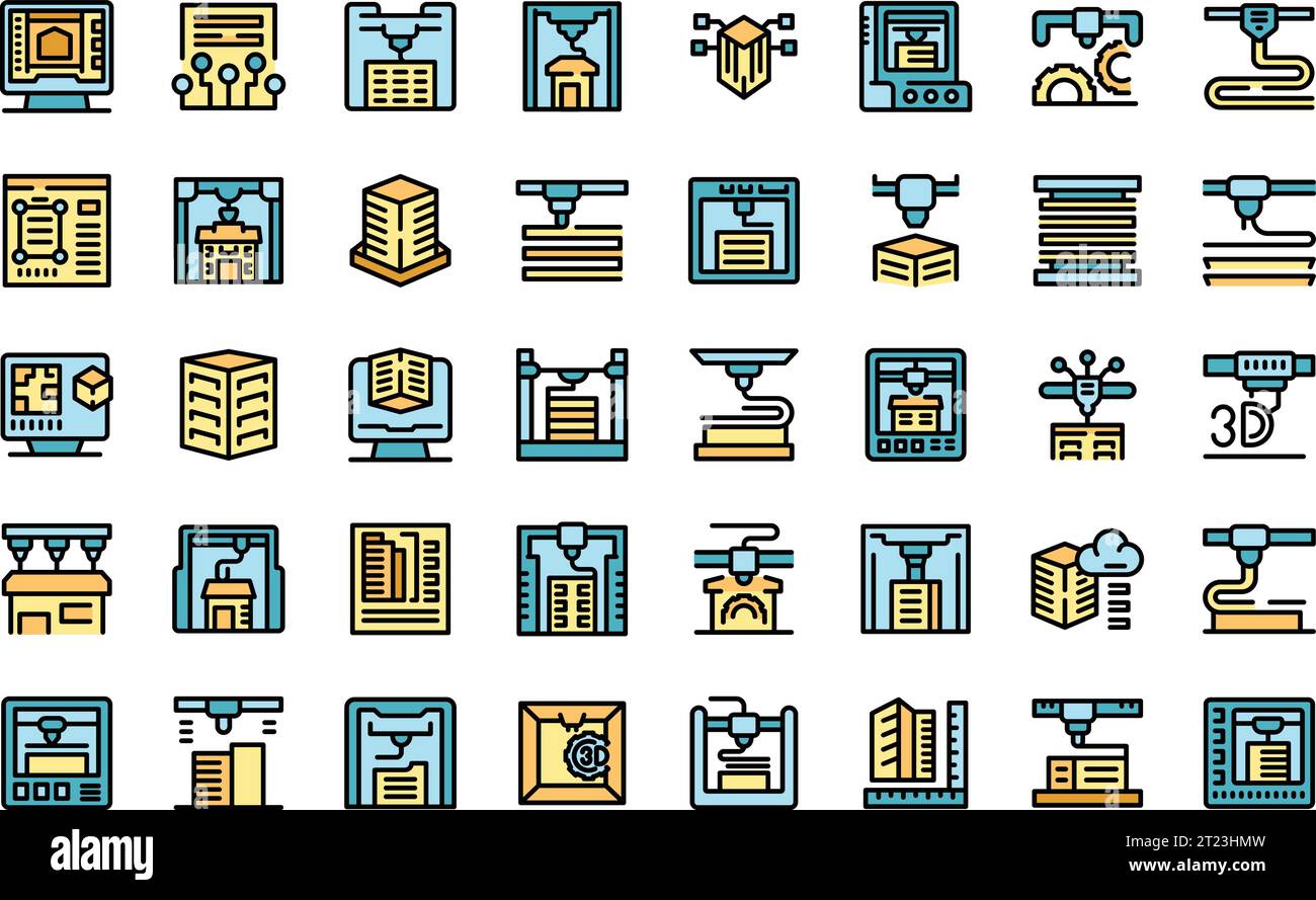 3D printing in construction icons set outline vector. Lab print. Business education thin line ...