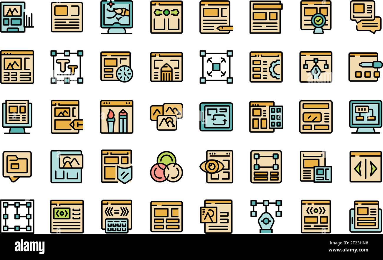 Interface designer icons set outline vector. Person system. Computer designer thin line color ...