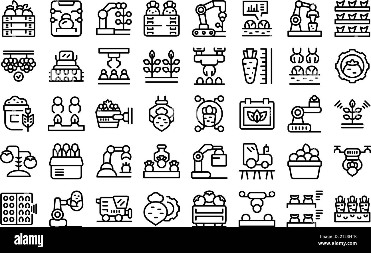 Automated Harvesting icons set outline vector. Smart farm robot. Organic service Stock Vector ...