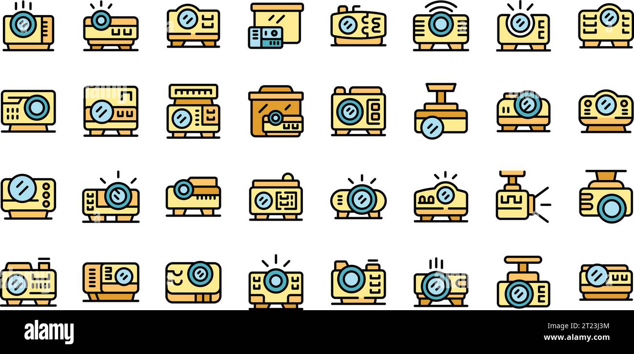 Projector icons set outline vector. Video office. Electronic stand thin ...
