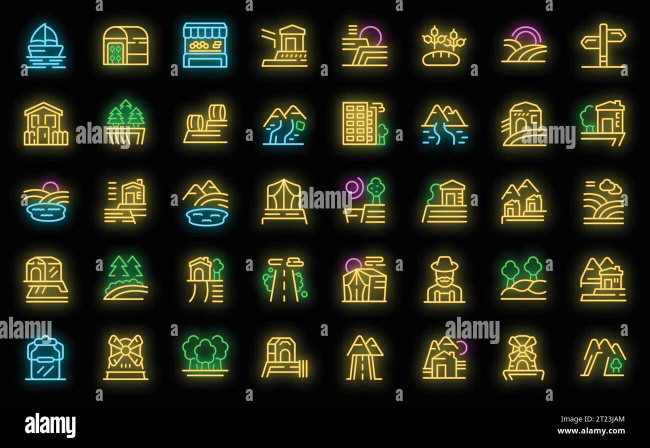 Farm tourism icons set outline vector. Rural home. House family neon ...