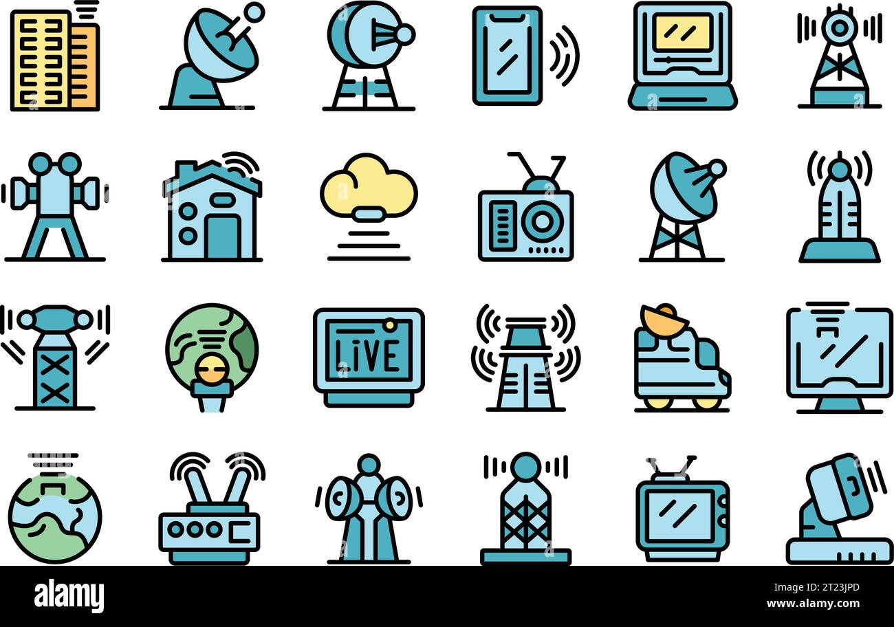 TV tower icons set outline vector. Television city. Landmark skyline ...